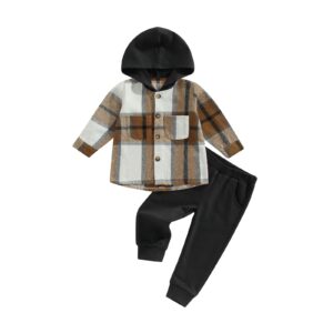 douhoow toddler unisex baby clothes boys girls flannel shirt tops plaid hoodie sweatshirt + sweatpants fall winter outfits (brown, 4-5 years)