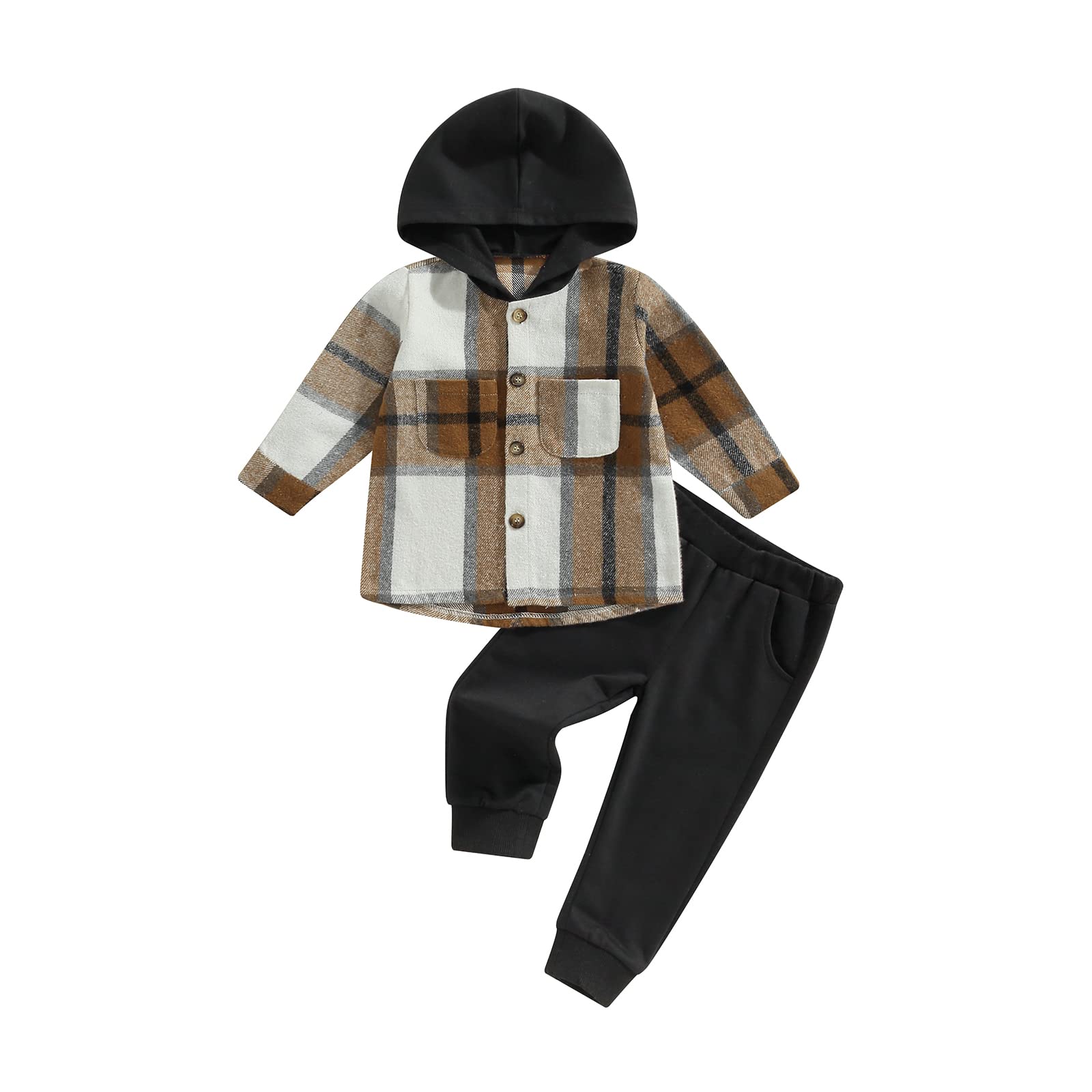 Douhoow Toddler Unisex Baby Clothes Boys Girls Flannel Shirt Tops Plaid Hoodie Sweatshirt + Sweatpants Fall Winter Outfits (Brown, 4-5 Years)