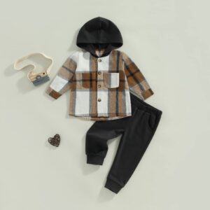 Douhoow Toddler Unisex Baby Clothes Boys Girls Flannel Shirt Tops Plaid Hoodie Sweatshirt + Sweatpants Fall Winter Outfits (Brown, 4-5 Years)