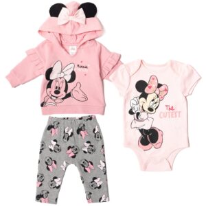 disney minnie mouse newborn baby boy or girl 3 piece outfit set: pants bodysuit hoodie grey/pink 3-6 months