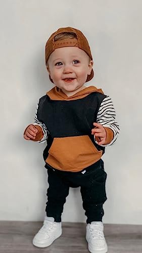 Hoanselay Toddler Baby Boy Color Block Sweatsuit Clothes Long Sleeve Hoodie Sweatshirt Top and Pants Fall Winter Outfit Set (Black, 18-24 Months)