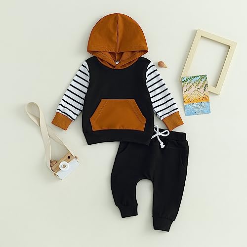 Hoanselay Toddler Baby Boy Color Block Sweatsuit Clothes Long Sleeve Hoodie Sweatshirt Top and Pants Fall Winter Outfit Set (Black, 18-24 Months)