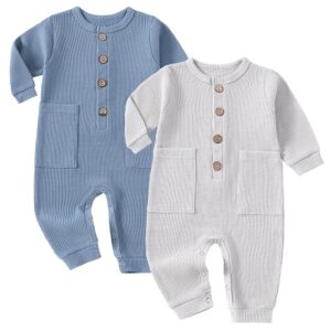 yookoom baby boys girls 2 pack solid romper ribbed long sleeve one-piece knit cotton jumpsuit outfits clothes,blue+gray,3-6m