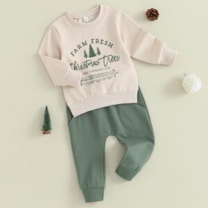 TheFound Baby Boy Christmas Outfit Christmas Vibes Print Sweatshirt Top Warm Pant Newborn Toddler Baby Christmas Outfit 0-3T (Apricot, 6-12 Months)