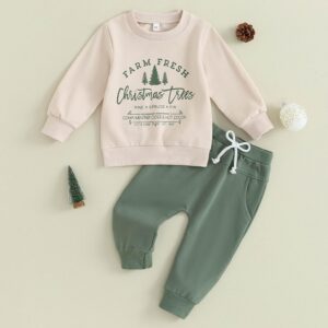 TheFound Baby Boy Christmas Outfit Christmas Vibes Print Sweatshirt Top Warm Pant Newborn Toddler Baby Christmas Outfit 0-3T (Apricot, 6-12 Months)