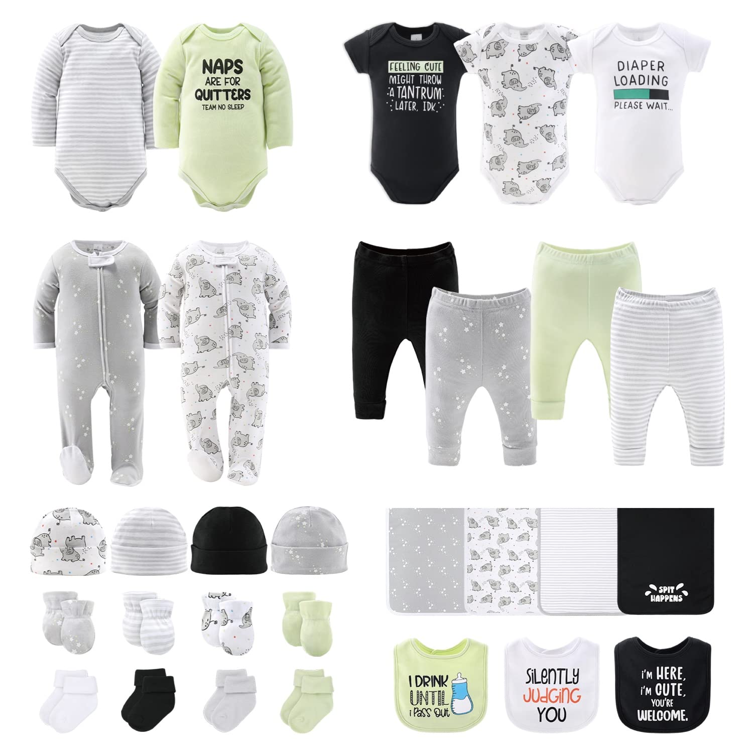 The Peanutshell Newborn Clothes & Accessories Set | 30 Piece Layette Gift Set | Fits Newborn to 3 Months | Elephant & Funny Sayings