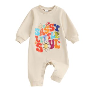 boibokoko newborn baby girl boy clothes sassy little soul long sleeve romper jumpsuit cute fall winter outfit (beige-cc, 3-6 months)