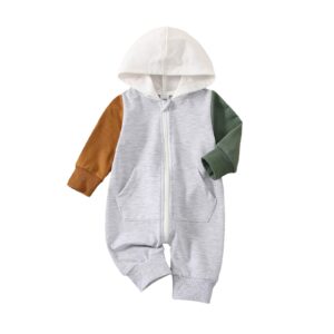 bemeyourbbs newborn baby boy clothes color block long sleeve zipper hooded romper with pocket fall one piece outfits(6-12 months, zipper grey)