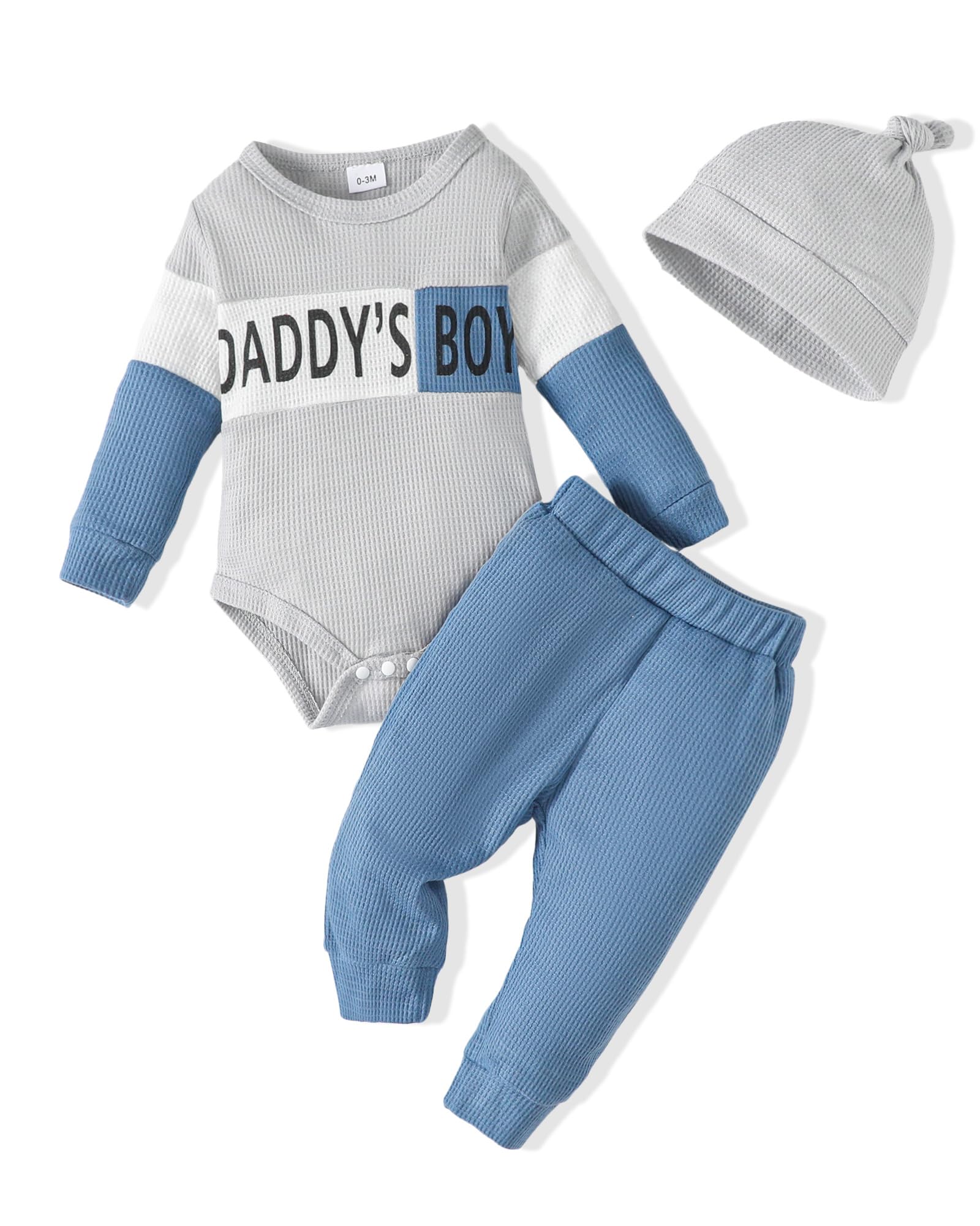 SUNNY PIGGY Baby Boy Clothes 3-6 Months Infant Newborn Romper Daddy Boy Top Spring Baby Pants Infant Cute Hat Grey+Blue