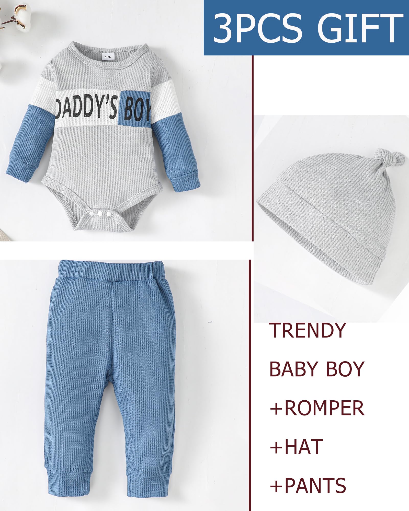 SUNNY PIGGY Baby Boy Clothes 3-6 Months Infant Newborn Romper Daddy Boy Top Spring Baby Pants Infant Cute Hat Grey+Blue