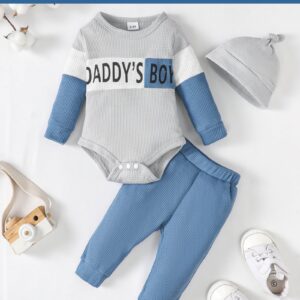 SUNNY PIGGY Baby Boy Clothes 3-6 Months Infant Newborn Romper Daddy Boy Top Spring Baby Pants Infant Cute Hat Grey+Blue