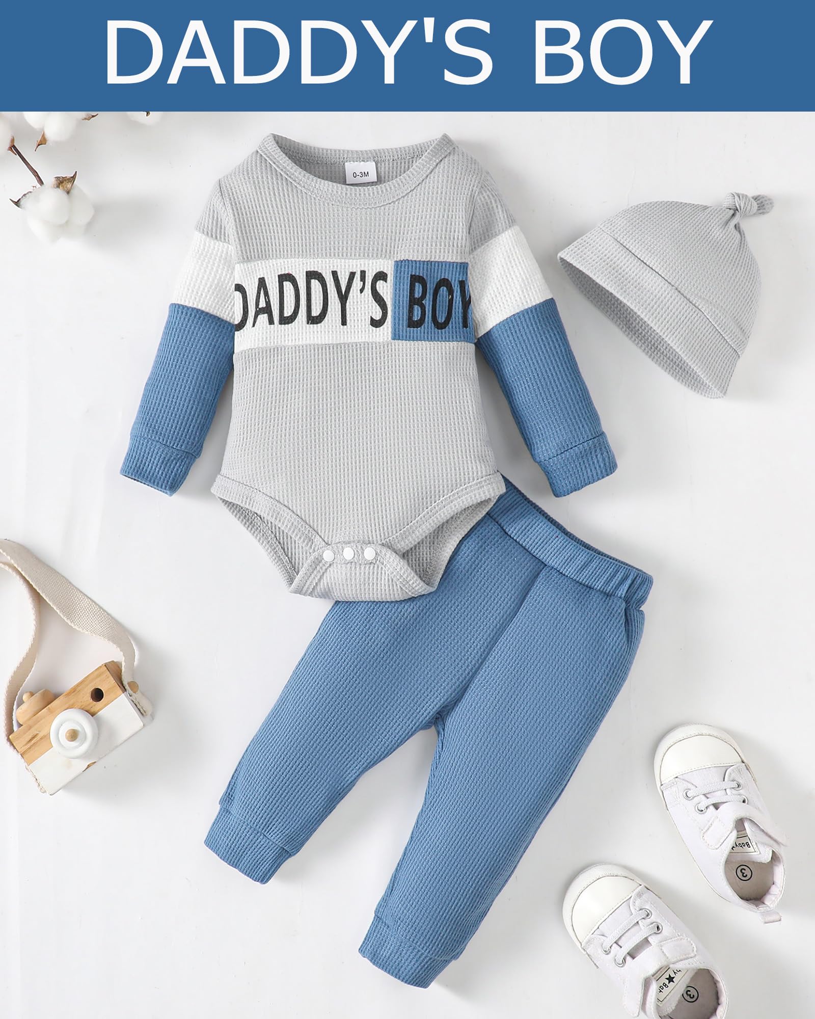 SUNNY PIGGY Baby Boy Clothes 3-6 Months Infant Newborn Romper Daddy Boy Top Spring Baby Pants Infant Cute Hat Grey+Blue