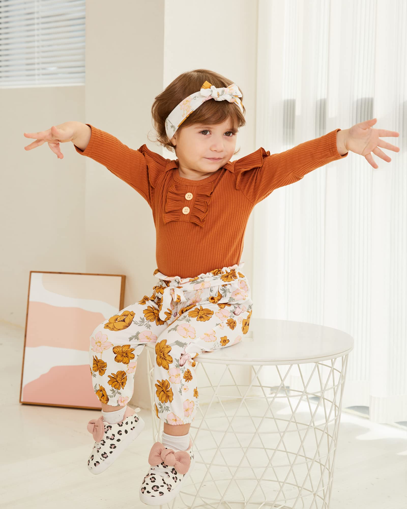 Kislio Newborn Baby Girls Clothes Ribbed Ruffled Romper+Floral Pants+Headband Infant Outfit Set