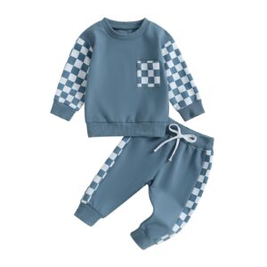 toddler baby boy fall winter outfit contrast color long sleeve sweatshirts stretch jogger pants newborn clothes set (plaid blue, 18-24 months)