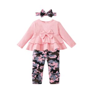 focutebb baby girl clothes 6-9 months infant girl sweatshirt outfits fall winter outfits long sleeve ruffle tops camo pants sets headband pink 6 9 months