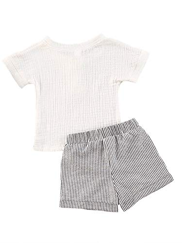 Baby Boys Short Sleeve T-Shirt Tops Elastic Waistband Shorts Set Toddler2Pcs Summer Outfits Clothes (Linen White + Strips, 2-3T)