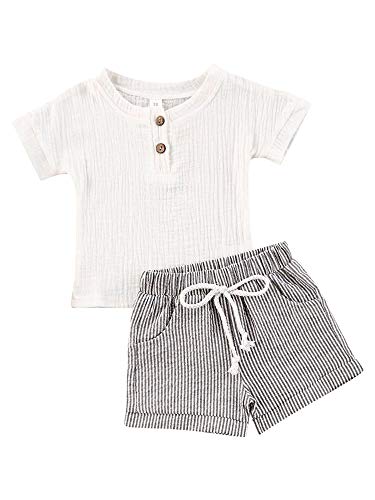 Baby Boys Short Sleeve T-Shirt Tops Elastic Waistband Shorts Set Toddler2Pcs Summer Outfits Clothes (Linen White + Strips, 2-3T)