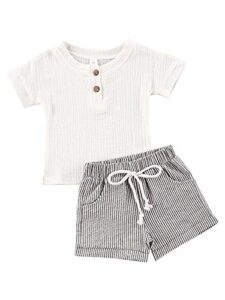 baby boys short sleeve t-shirt tops elastic waistband shorts set toddler2pcs summer outfits clothes (linen white + strips, 2-3t)