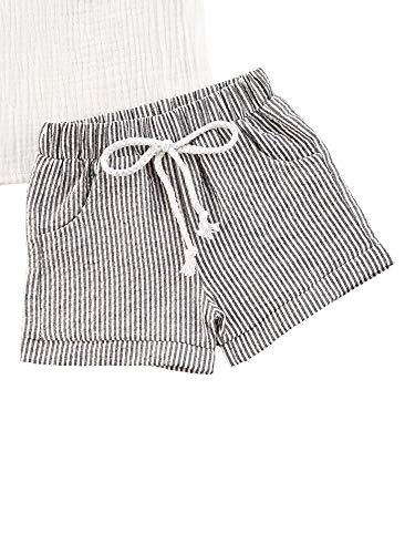 Baby Boys Short Sleeve T-Shirt Tops Elastic Waistband Shorts Set Toddler2Pcs Summer Outfits Clothes (Linen White + Strips, 2-3T)