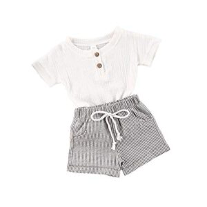 Baby Boys Short Sleeve T-Shirt Tops Elastic Waistband Shorts Set Toddler2Pcs Summer Outfits Clothes (Linen White + Strips, 2-3T)