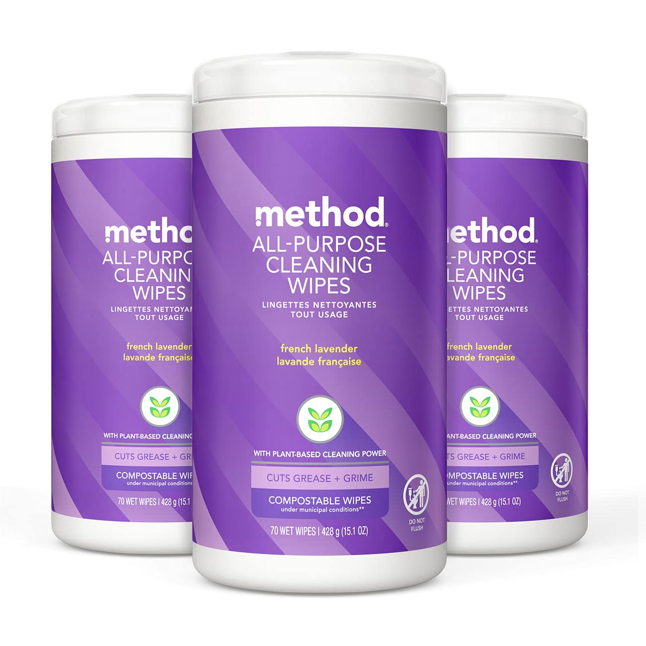 Method All-Purpose Cleaning Wipes, French Lavender, Multi-Surface, Compostable, 70 Count, (Pack of 3)