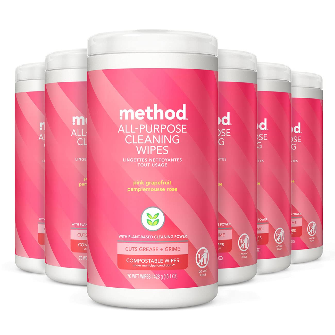 Method All-Purpose Cleaning Wipes, Pink Grapefruit, Multi-Surface, Compostable, 70 Count (Pack of 6)