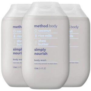 method body wash simply nourish, coconut, rice milk and shea butter plant based ingredients, paraben and phthalate free, mini travel size 3.4 oz (pack of 3)