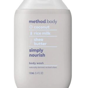 Method Body Wash Simply Nourish, Coconut, Rice Milk and Shea Butter Plant Based Ingredients, Paraben and Phthalate Free, Mini Travel Size 3.4 oz (Pack of 3)