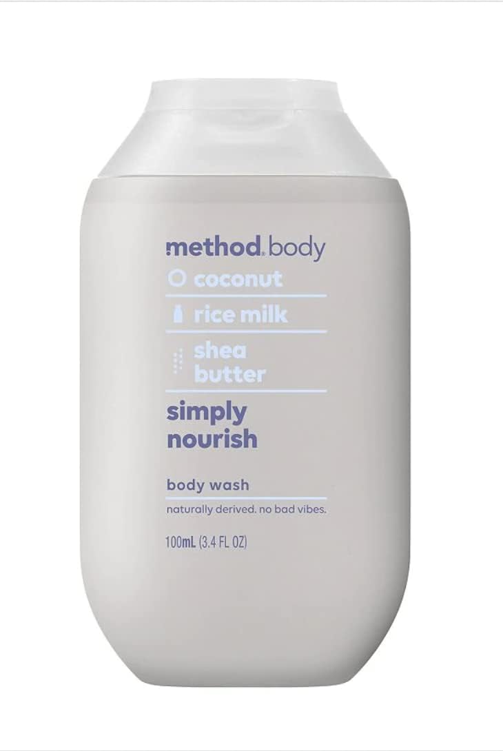 Method Body Wash Simply Nourish, Coconut, Rice Milk and Shea Butter Plant Based Ingredients, Paraben and Phthalate Free, Mini Travel Size 3.4 oz (Pack of 3)