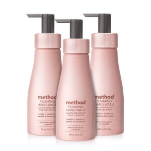 method premium foaming hand wash, vanilla + raspberry, reusable pink aluminum bottle, biodegradable formula, 10 fl oz (pack of 3)