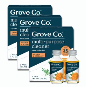 grove co. multi-purpose cleaner, refill concentrate (6 x 1 fl oz) plant-based household cleaning supplies, ammonia & chlorine free, no plastic waste, orange & rosemary scent, total 3 x 2 pack refills