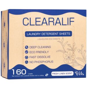 clearalif laundry detergent sheets up to 160 loads, fresh linen - great for travel,apartments, dorms,laundry detergent strips eco friendly & hypoallergenic