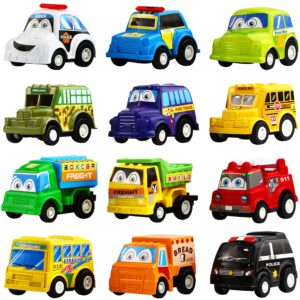 funcorn toys pull back car, 12 pack assorted mini plastic vehicle set, pull back truck and car toys for boys kids toddler party favors,die cast car toy play set