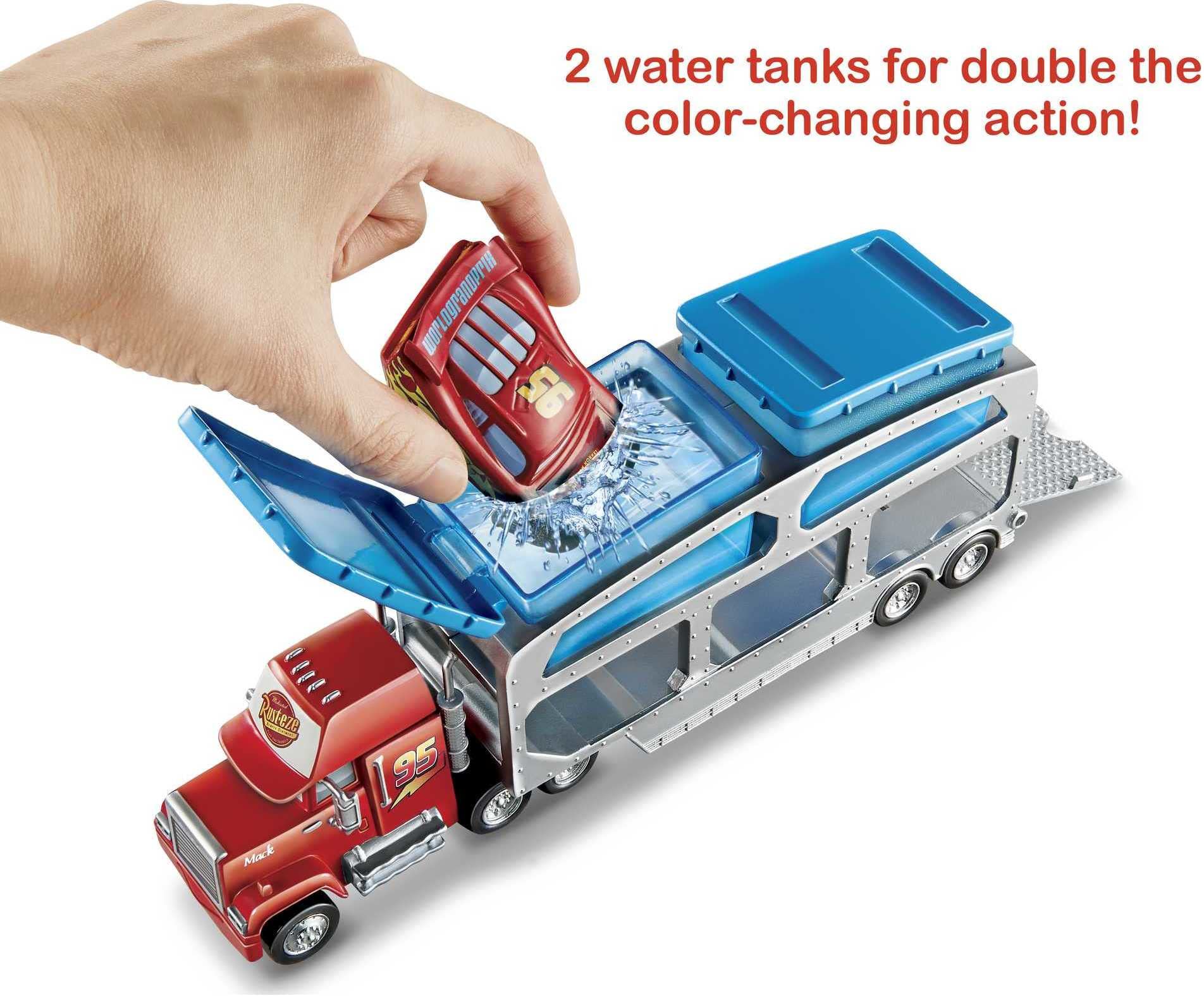 Mattel Disney and Pixar Cars Mack Toy Truck & Lightning McQueen Color-Change Car, Dip & Dunk Trailer with 2 Levels & 2 Water Tanks