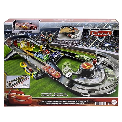 Mattel Disney and Pixar Cars Track Set, Piston Cup Action Speedway Playset with Lightning McQueen Toy Race Car, Wind-Up Booster