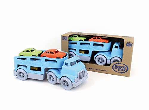 Green Toys Car Carrier, Blue - Pretend Play, Motor Skills, Kids Toy Vehicle. No BPA, phthalates, PVC. Dishwasher Safe, Recycled Plastic, Made in USA (4 Piece Set)