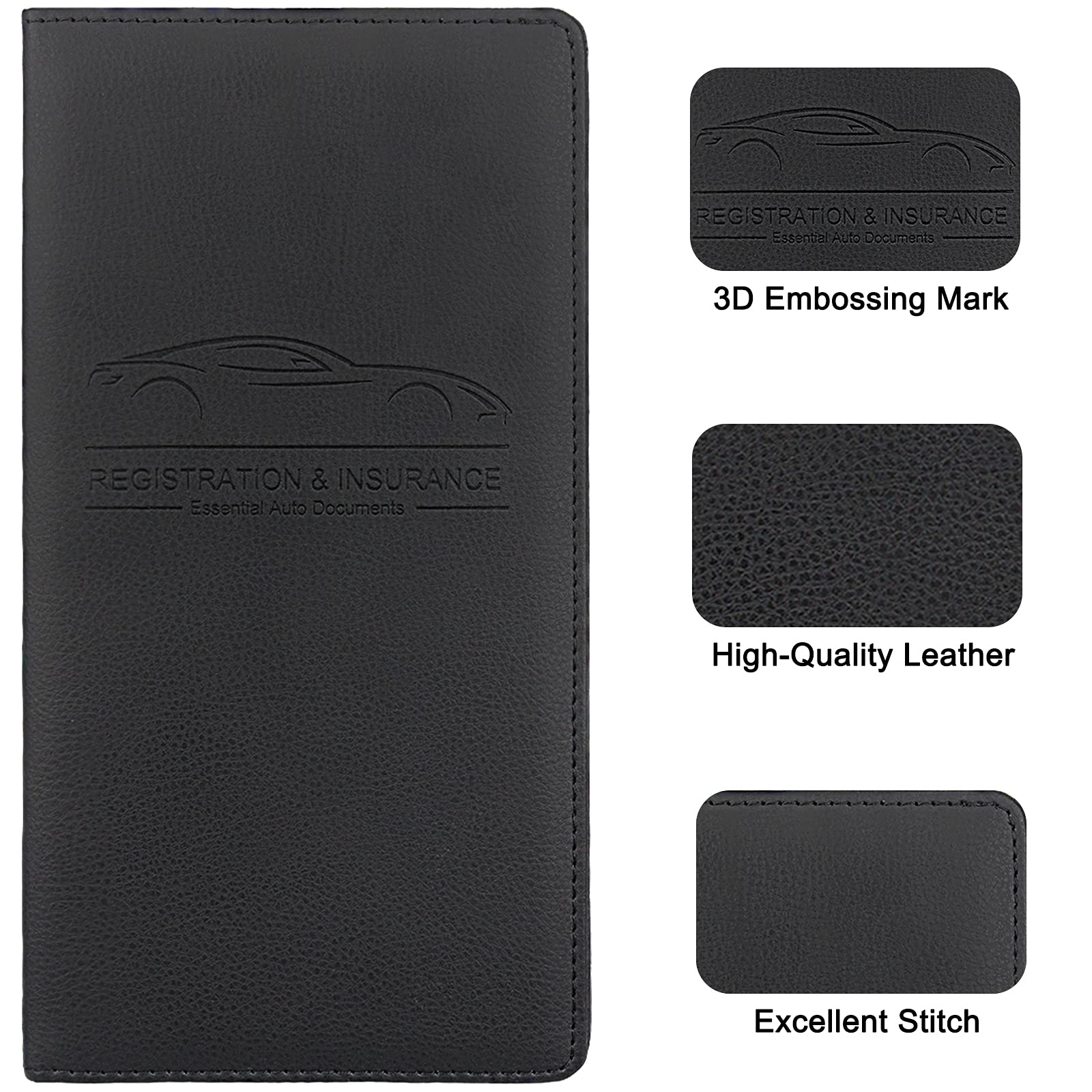 LumiMokki Premium Leather Car Registration & Insurance Card Holder with Magnetic Shut - For Documents, Cards, License (Black)