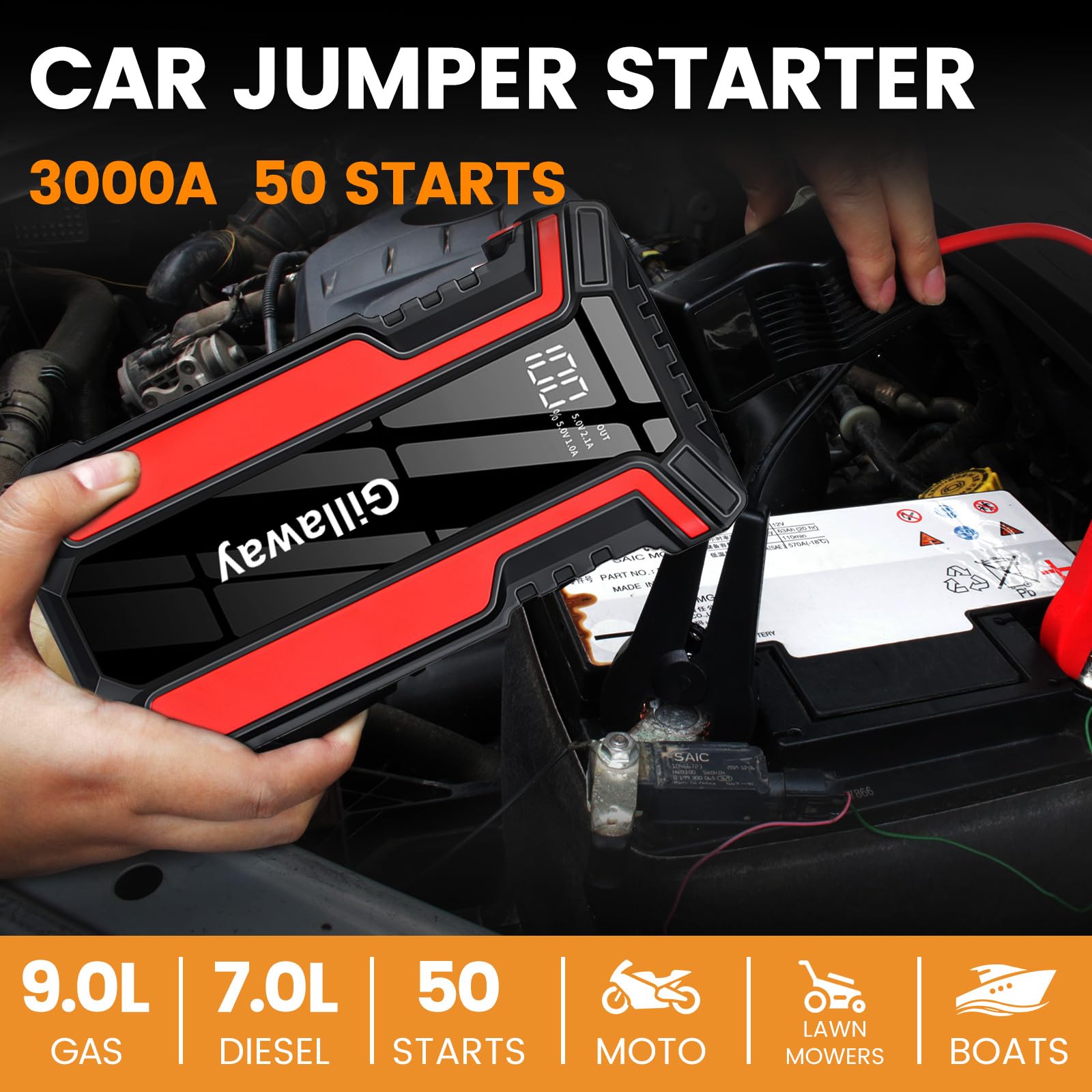 Gillaway 016 Jump Starter 3000A Peak, Jump Starter Battery Pack up to 50 Jump Starts, 12V Jump Box for Car Battery, up to 9.0L Gas and 7.0L Diesel Engines, Jump Starter Portable Power Bank/LED Light