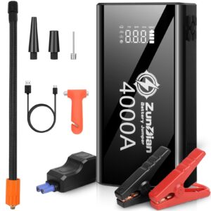 jump starter, 4000a battery jumper charger 150psi air compressor, portable jump starter, 12v lithium jump box battery power pack(10.0l gas/8.0l diesel), jumper cables, qc 3.0, flashlight, lcd display