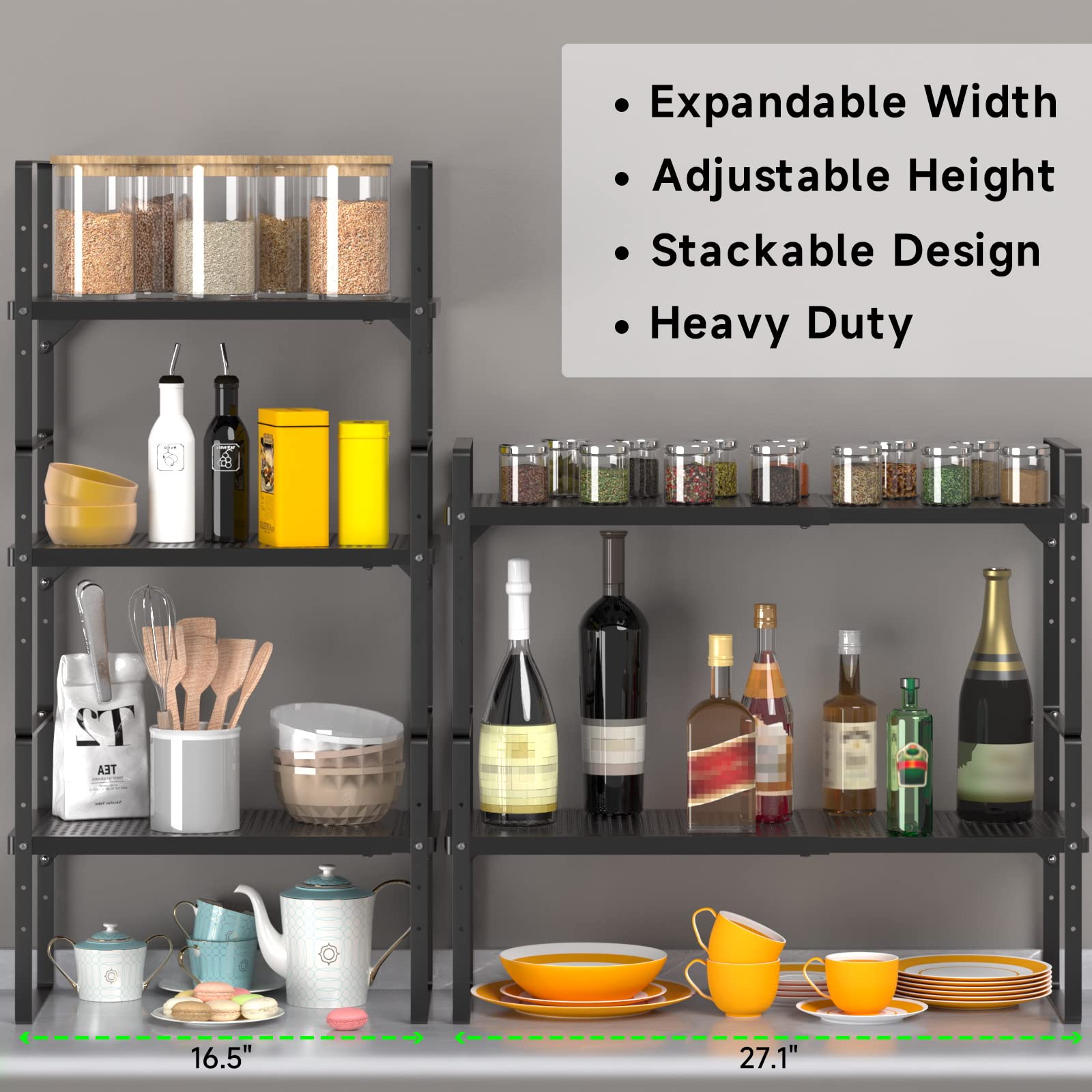 SOFRON Expandable Cabinet Storage Shelf Stackable Organizer Rack for Kitchen Bathroom Pantry Spice Cupboard Coffee Countertop Home Office Desk Heavy Duty Nonslip Black Small 1 PACK