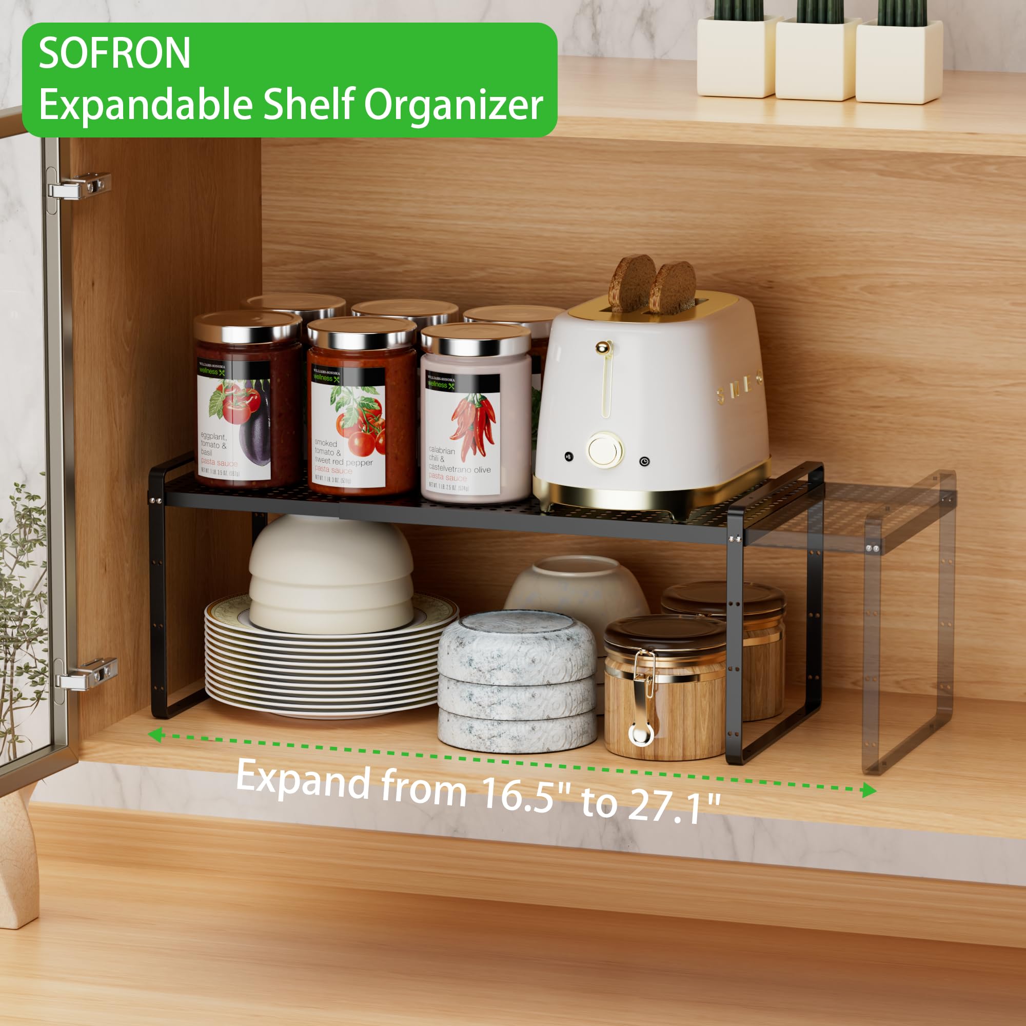 SOFRON Expandable Cabinet Storage Shelf Stackable Organizer Rack for Kitchen Bathroom Pantry Spice Cupboard Coffee Countertop Home Office Desk Heavy Duty Nonslip Black Small 1 PACK