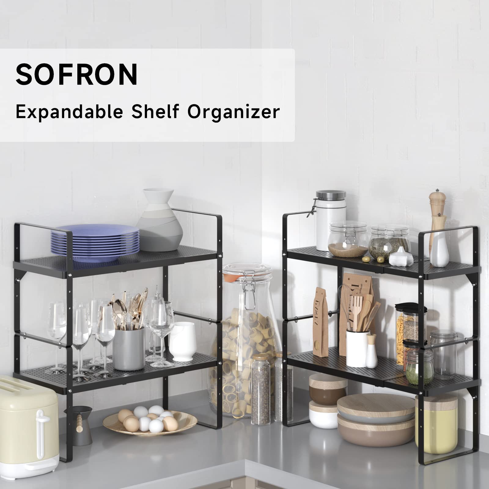 SOFRON Expandable Cabinet Storage Shelf Stackable Organizer Rack for Kitchen Bathroom Pantry Spice Cupboard Coffee Countertop Home Office Desk Heavy Duty Nonslip Black Small 1 PACK