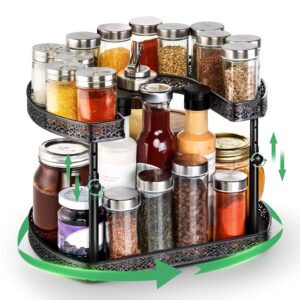 spice rack lazy susan organizer - 2 tier rotating spice spinner for cabinet with 4 height settings & non-slip pad kitchen turntable organization for bathroom pantry countertop & storage - black metal