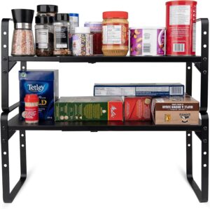 expandable kitchen cabinet shelf organizers - adjustable height & width shelf riser - stackable shelves - pantry shelf organizer rack - cupboard cabinet storage shelf rack - countertop organizer