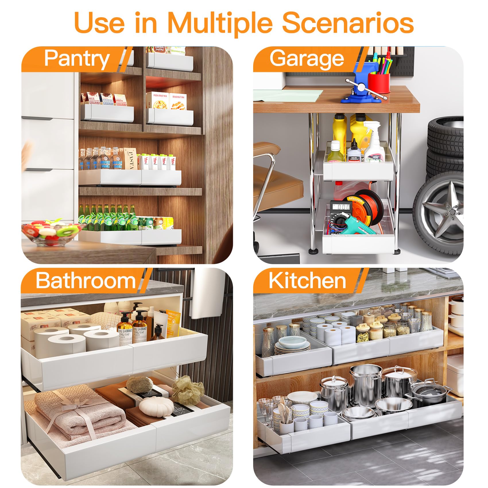 Expandable Pull-Out Cabinet Organizer with Adhesive Nano Film - For Kitchen, Pantry, Bathroom Storage