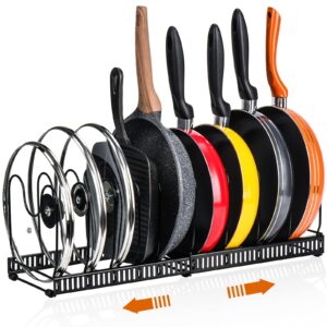 toplife pots and pans organizer rack for cabinet and countertop, 10+ pot lids, bakeware and cookware holder with 10 adjustable compartments - black