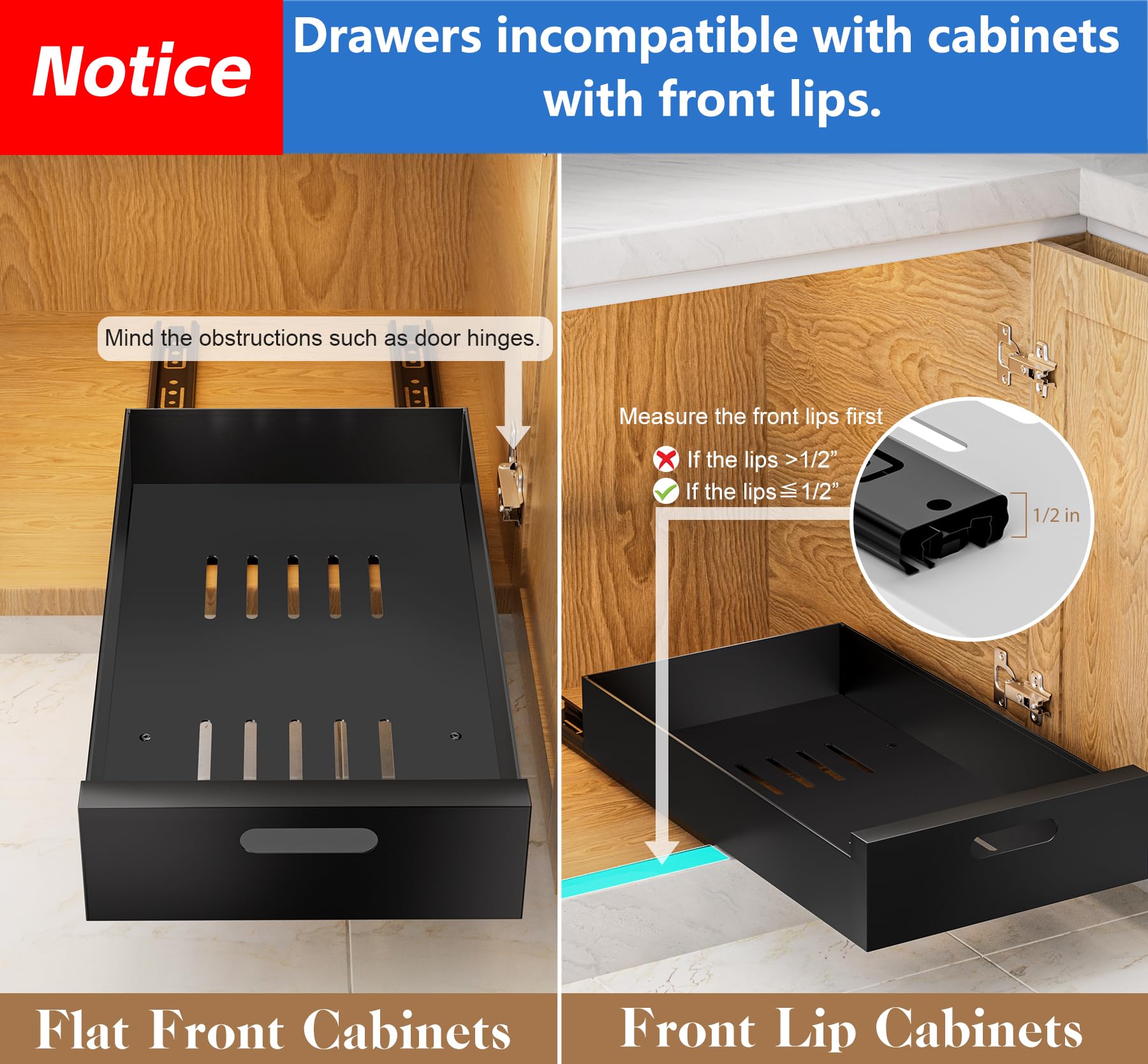 1 Pack | Pull Out Cabinet Organizer Adhesive, 10-Inch Wide Sturdy Carbon Steel Pull Out Drawers for Cabinets, Slide-Out Shelves for Pantry and Bathroom Vanity - 16.9'' Depth x 3.1'' Height.