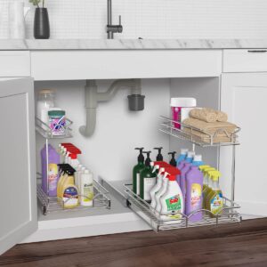 OCG Under Sink Cabinet Organizer Two Tier Pull Out Shelf (11.75W x 17D), Under Sink Sliding Shelf for Kitchen Bathroom Cabinet 2 Tier Chrome