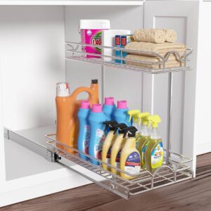 OCG Under Sink Cabinet Organizer Two Tier Pull Out Shelf (11.75W x 17D), Under Sink Sliding Shelf for Kitchen Bathroom Cabinet 2 Tier Chrome