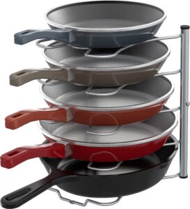 simple houseware silver metal pan organizer rack, 8.8 in w x 9.5 in d x 17 in h, stores up to 5 pans